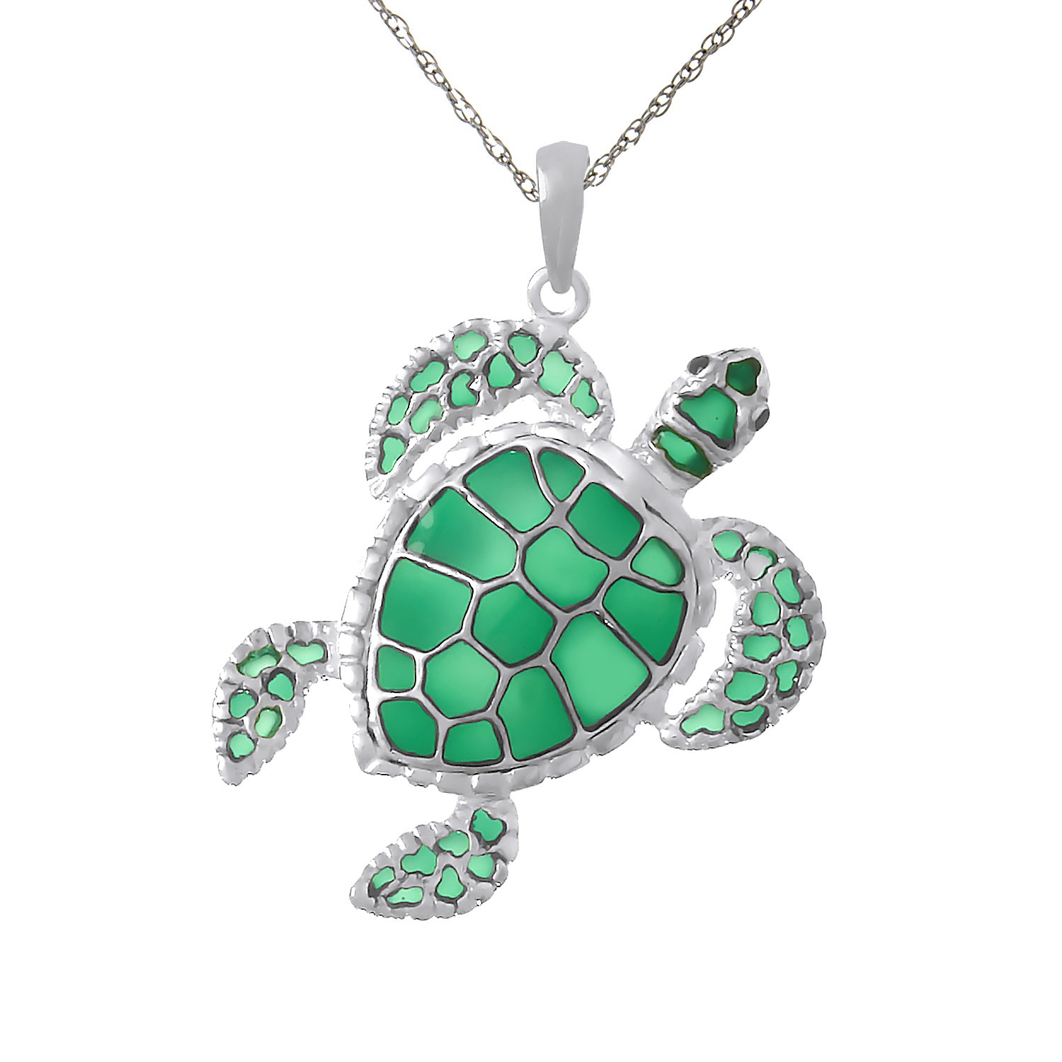 Million Charms 925 Sterling Silver Sea Turtle Charm Necklace Pendant with Chain, Green Stained Glass Enamel