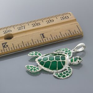 Million Charms 925 Sterling Silver Sea Turtle Charm Necklace Pendant with Chain, Green Stained Glass Enamel