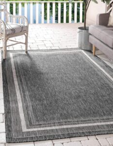 unique loom outdoor border collection area rug - soft border (7' 1" x 10' rectangle, black/ ivory)