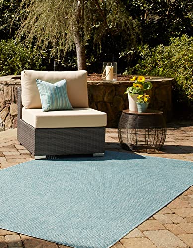 Unique Loom Collection Casual Transitional Solid Heathered Indoor/Outdoor Flatweave Area Rug (5' 3" x 8' Rectangle, Aquamarine/Ivory)