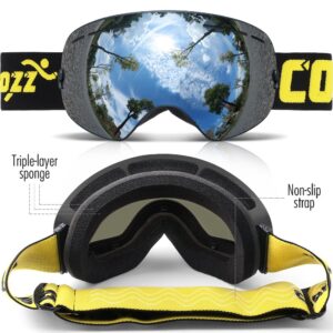 COPOZZ Ski Goggles, G1 OTG Snowboard Snow Goggles for Men Women Youth, Interchangeable Double Layer Anti Fog UV Protection Lens, Polarized Goggles Available (G1-Black Frame Silver Lens (VLT 10.1%))