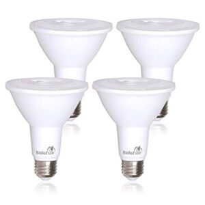 bioluz led 4 pack par38 led light bulb 90 cri 12w = 100-120 watt replacement, soft white 3000k, dimmable light bulbs flood lights outdoor/indoor ul listed light bulbs title 20 high efficacy led bulbs