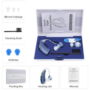 Digital Hearing Amplifier by Britzgo BHA-220. 500hr Battery Life, Modern Blue, Doctor and Audiologist Designed