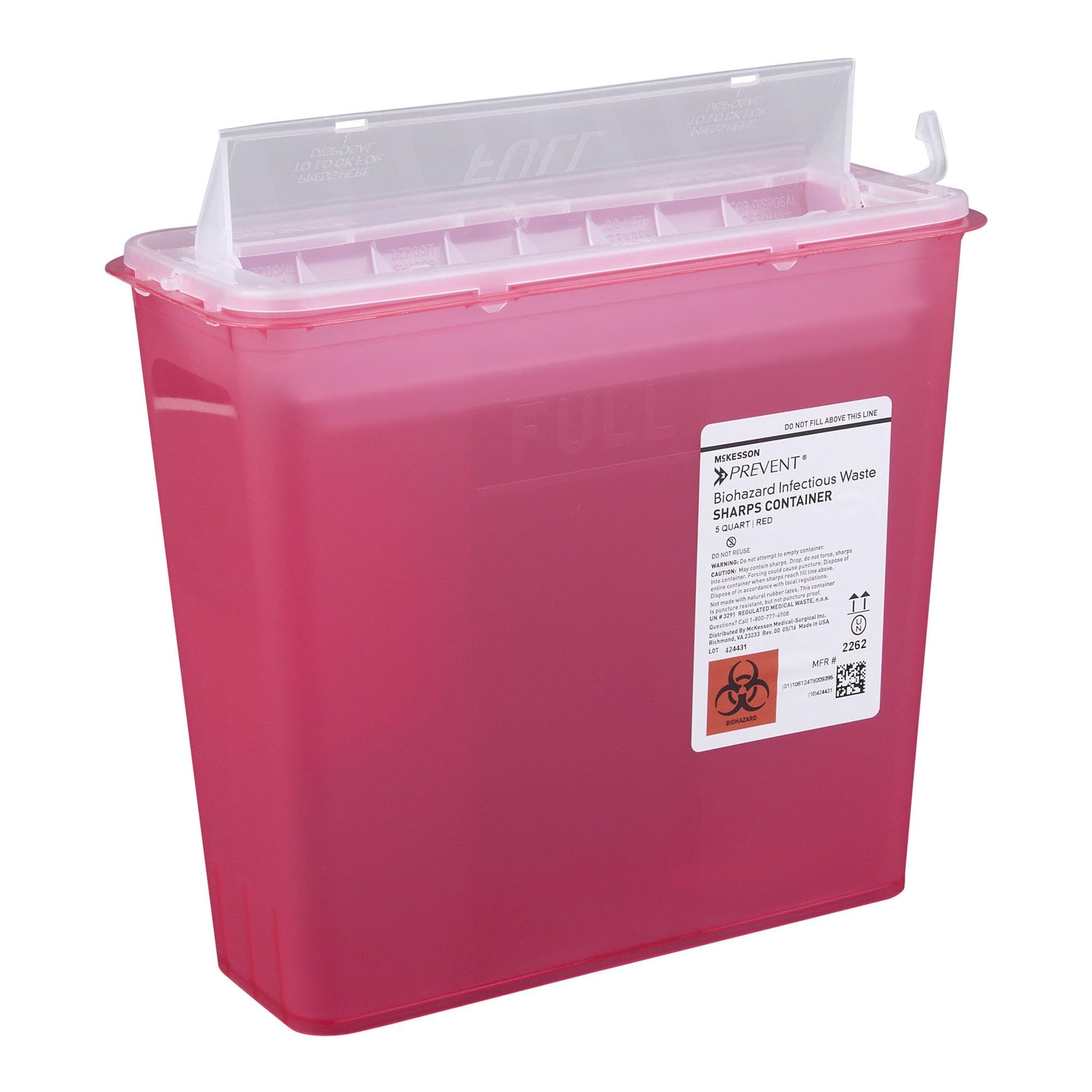 McKesson Prevent Sharps Container for Home Use, 5 Quart - for Biohazard Infectious Waste, Needle and Syringe Disposal - Translucent, Touchless Lid - Red, 20 Count