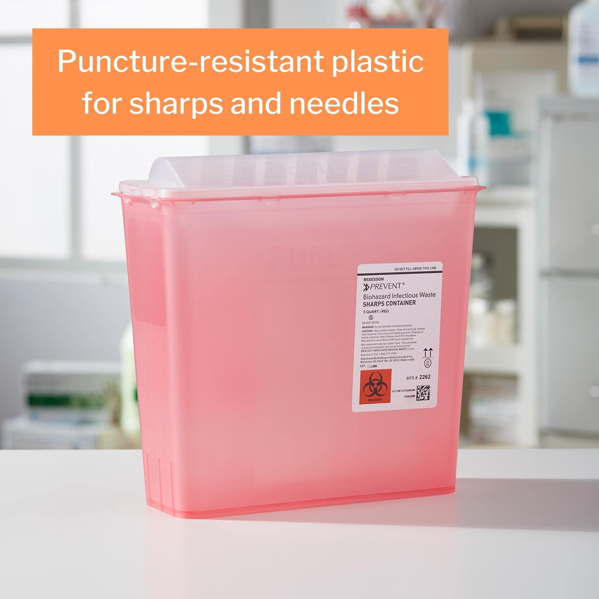 McKesson Prevent Sharps Container for Home Use, 5 Quart - for Biohazard Infectious Waste, Needle and Syringe Disposal - Translucent, Touchless Lid - Red, 20 Count