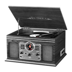 victrola nostalgic 6-in-1 bluetooth record player & multimedia center with built-in speakers - 3-speed turntable, cd & cassette player, am/fm radio | wireless music streaming | grey | wood