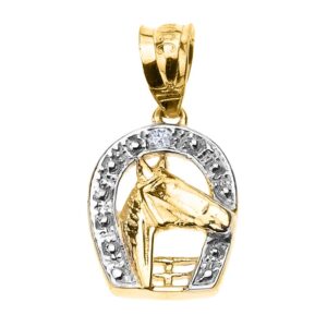 10k yellow gold lucky diamond horseshoe with horse head pendant