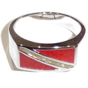 dive flag ring - tarnish-free rhodium-plated bronze, with inlay of simulated red coral and mother-of-pearl chips (12)