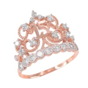 14k rose gold cz-studded crown sweet 15 anos quinceanera ring (size 6.75)