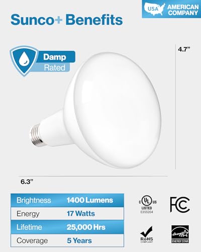 Sunco 6 Pack BR40 Light Bulbs, LED Indoor Flood Light, Dimmable, CRI94 3000K Warm White, 100W Equivalent 17W, 1400 Lumens, E26 Base, Indoor Residential Recessed Can Lights,High Lumens - UL