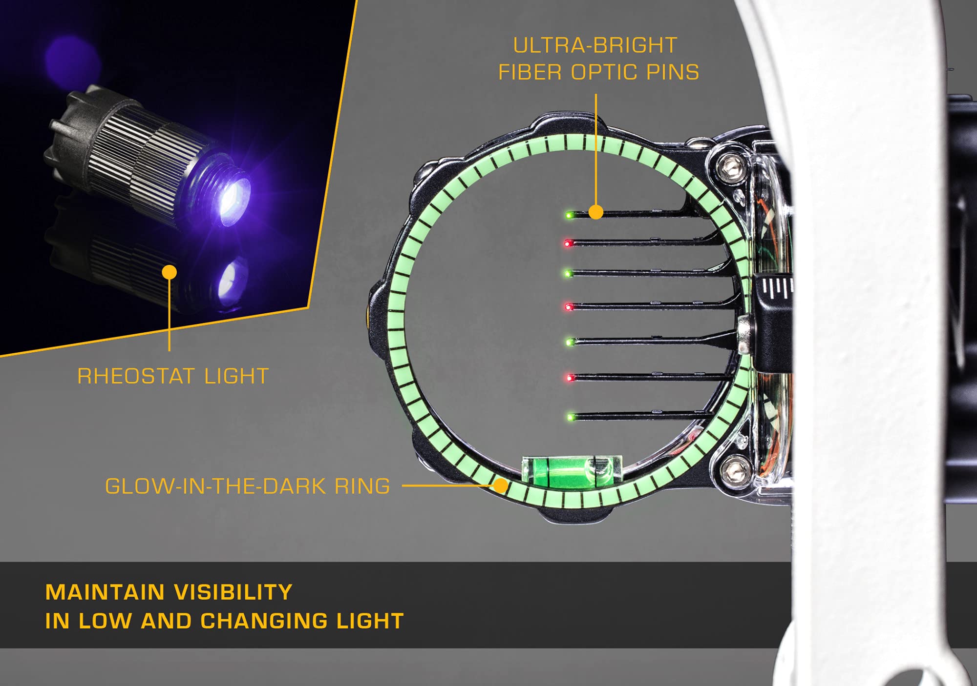 Trophy Ridge React Pro 7 Pin Archery Bow Sight - Tool Less Windage and Elevation Adjustability, 2nd/3rd Axis Leveling, Adjustable Click Light, Glow Ring, Right Hand, 0.010 Pin