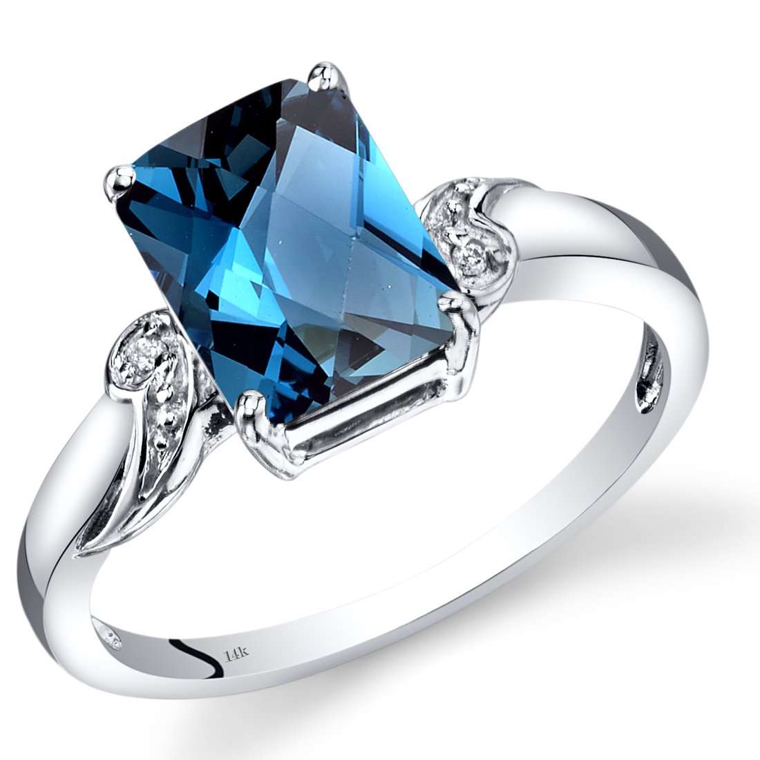 PEORA London Blue Topaz and Diamond Classic Ring for Women 14K White Gold, Natural Gemstone Birthstone, 2.50 Carats Radiant Cut 9x7mm, Size 7