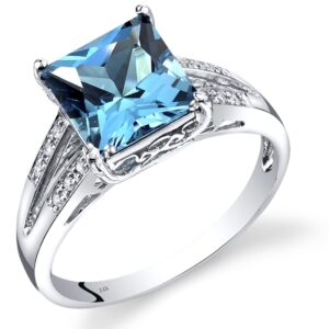 peora swiss blue topaz and diamond ring for women 14k white gold, elegant cathedral design, natural gemstone birthstone, 3 carats princess cut 8mm, size 7