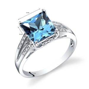 PEORA Swiss Blue Topaz and Diamond Ring for Women 14K White Gold, Elegant Cathedral Design, Natural Gemstone Birthstone, 3 Carats Princess Cut 8mm, Size 7