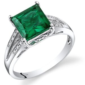 peora created emerald and genuine diamond ring for women 14k white gold, elegant cathedral design, 2.25 carats princess cut 8mm, size 7