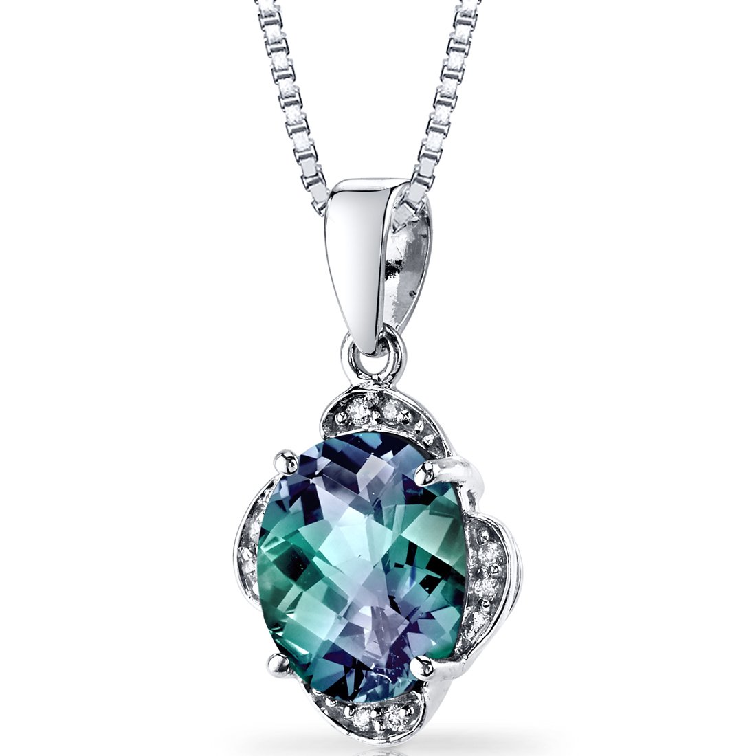 PEORA 14K White Gold Created Alexandrite Pendant for Women with Genuine Diamonds, Color-Changing 3.25 Carats Oval Shape 10x8mm, with 18 Inch Chain