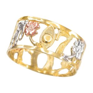 10k tri tone yellow, white, and rose gold lucky charms talisman openwork band style statement ring - size 9-1/2