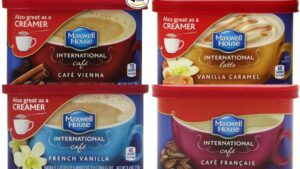 maxwell house international cafe 4-can variety bundle includes 1-can cafe francais, 7.6 oz + 1-can french vanilla, 4 oz + 1-can vanilla caramel, 8.7 oz + 1-can cafe vienna, 9 oz