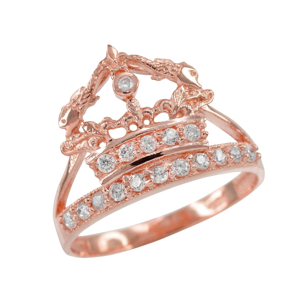 Modern Contemporary Rings Dainty 10k Rose Gold CZ-Studded Queen Crown Ring (Size 6.75)