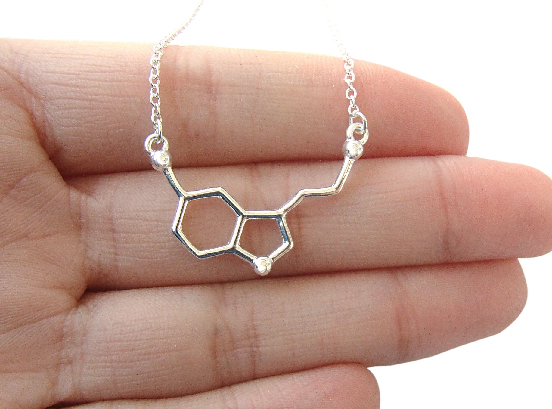 Happiness Serotonin Molecule Necklace For Women, Happy Serotonin Necklace, Science Jewelry For Women, Ideal Necklaces For Teacher, Professor, Chemistry Grad, And Science Lovers (Silver Tone)