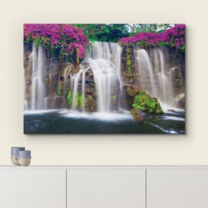 wall26 Misty Waterfall Picturesque Flowers - Canvas Art Home Art - 32x48 inches