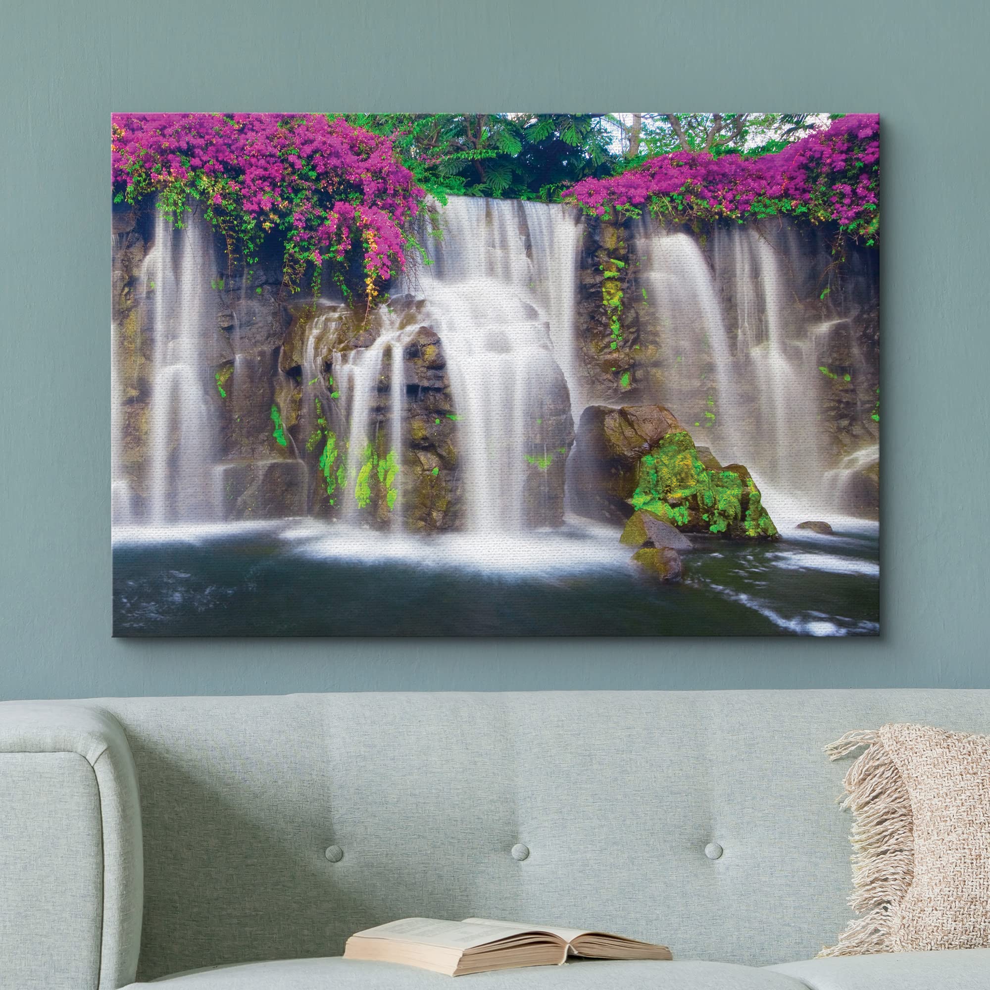 wall26 Misty Waterfall Picturesque Flowers - Canvas Art Home Art - 32x48 inches