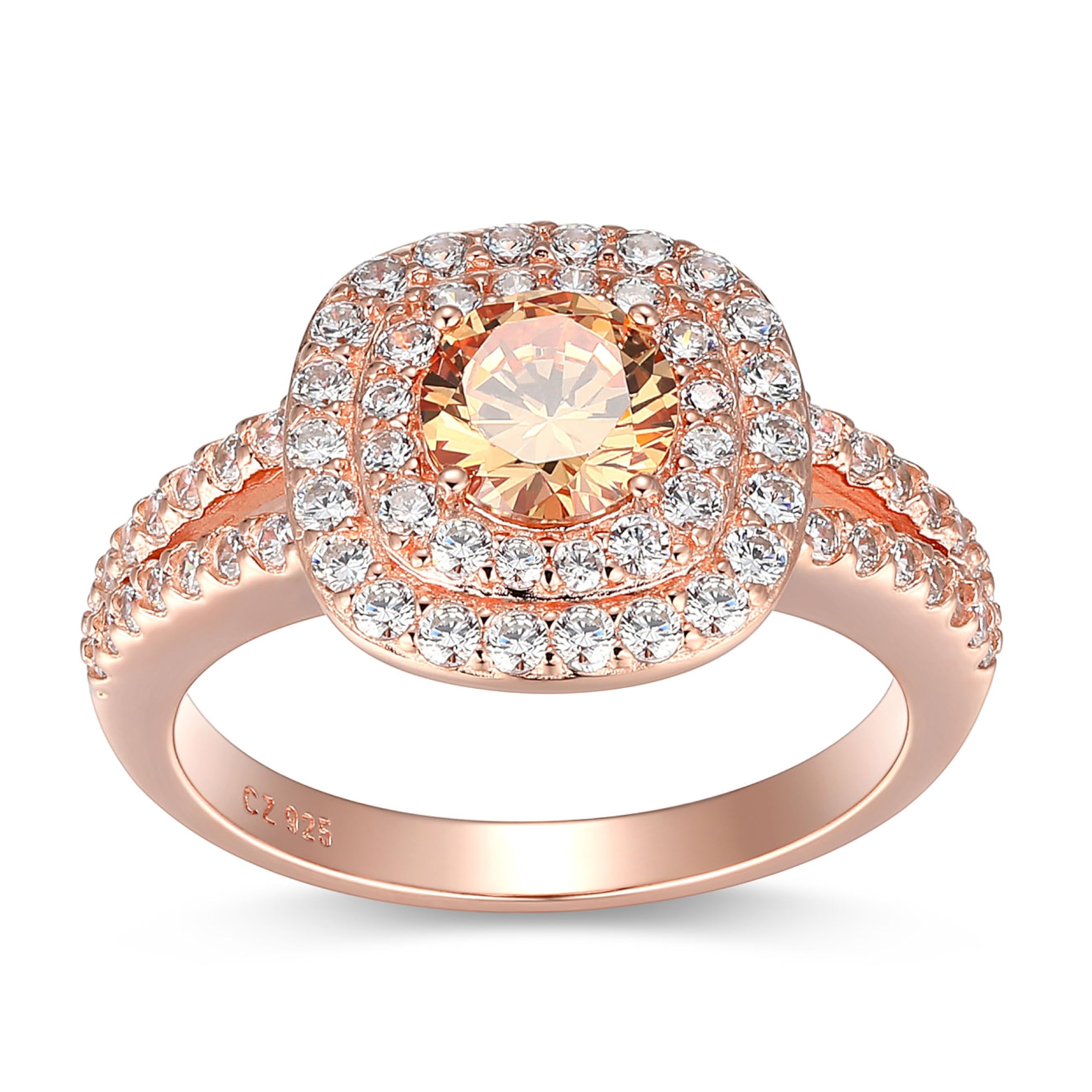 MORGAN & PAIGE 14K Rose Gold-Plated .925 Sterling Silver Champagne & White Cubic Zirconia 1/2" Cushion-Shaped Double-Halo Ring - Size 7