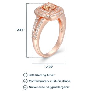 MORGAN & PAIGE 14K Rose Gold-Plated .925 Sterling Silver Champagne & White Cubic Zirconia 1/2" Cushion-Shaped Double-Halo Ring - Size 7