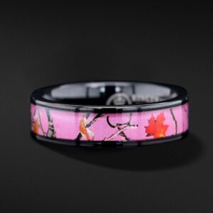 Pink Women`s Black Titanium Camo and Stainless Steel Princess Engagement Wedding Rings Set (5)