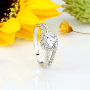 Sterling Silver Wedding Ring 1ct Round CZ Swirl Halo Engagement Ring (Size 5 to 9), 8