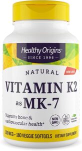 healthy origins vitamin k2 as mk-7, 100 mcg - k2 vitamins for heart health, bone health & calcium metabolism - gluten-free supplements - 180 veggie softgels