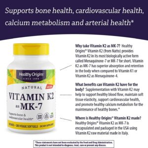 Healthy Origins Vitamin K2 as MK-7, 100 mcg - K2 Vitamins for Heart Health, Bone Health & Calcium Metabolism - Gluten-Free Supplements - 180 Veggie Softgels