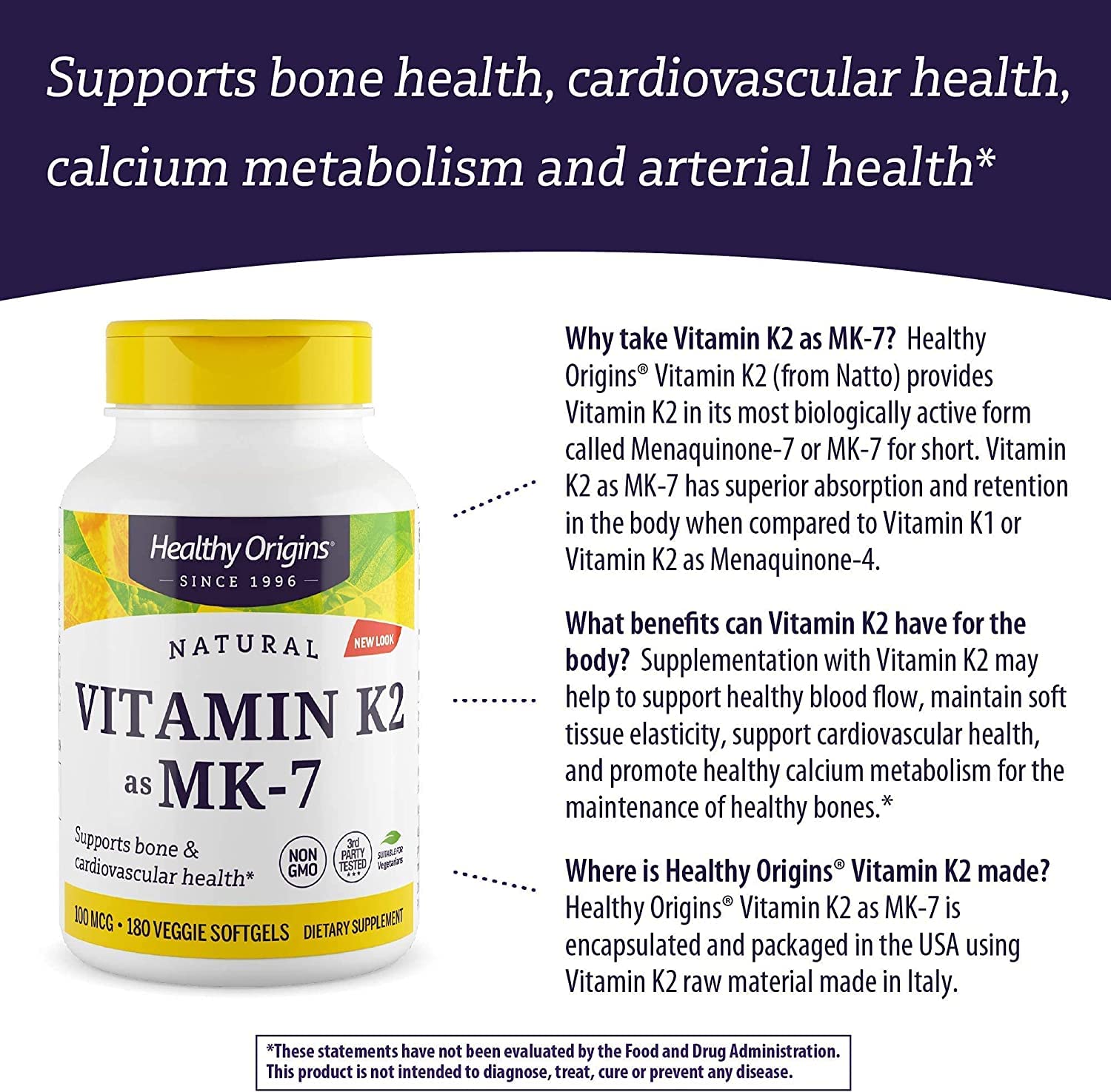 Healthy Origins Vitamin K2 as MK-7, 100 mcg - K2 Vitamins for Heart Health, Bone Health & Calcium Metabolism - Gluten-Free Supplements - 180 Veggie Softgels