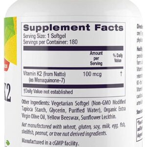 Healthy Origins Vitamin K2 as MK-7, 100 mcg - K2 Vitamins for Heart Health, Bone Health & Calcium Metabolism - Gluten-Free Supplements - 180 Veggie Softgels