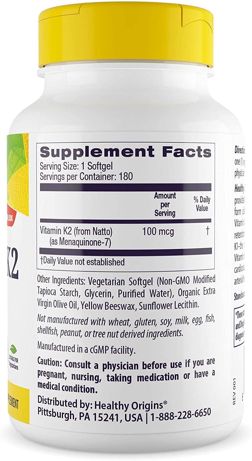 Healthy Origins Vitamin K2 as MK-7, 100 mcg - K2 Vitamins for Heart Health, Bone Health & Calcium Metabolism - Gluten-Free Supplements - 180 Veggie Softgels