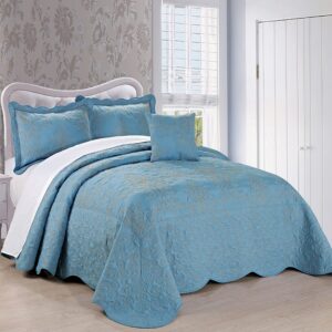 home soft things damask 4 piece bedspread set, scalloped edge reversible coverlet comforter prewashed bedding set, matelasse embossed floral solid pattern,forget me not oversize queen(110" x 120")