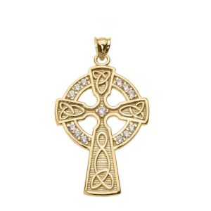 14k yellow gold celtic cross diamond accent pendant