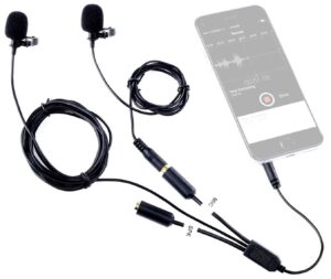 movo professional lavalier lapel clip-on interview podcast microphone with secondary mic and headphone monitoring input for iphone, ipad, samsung, android smartphones, tablets - podcast equipment