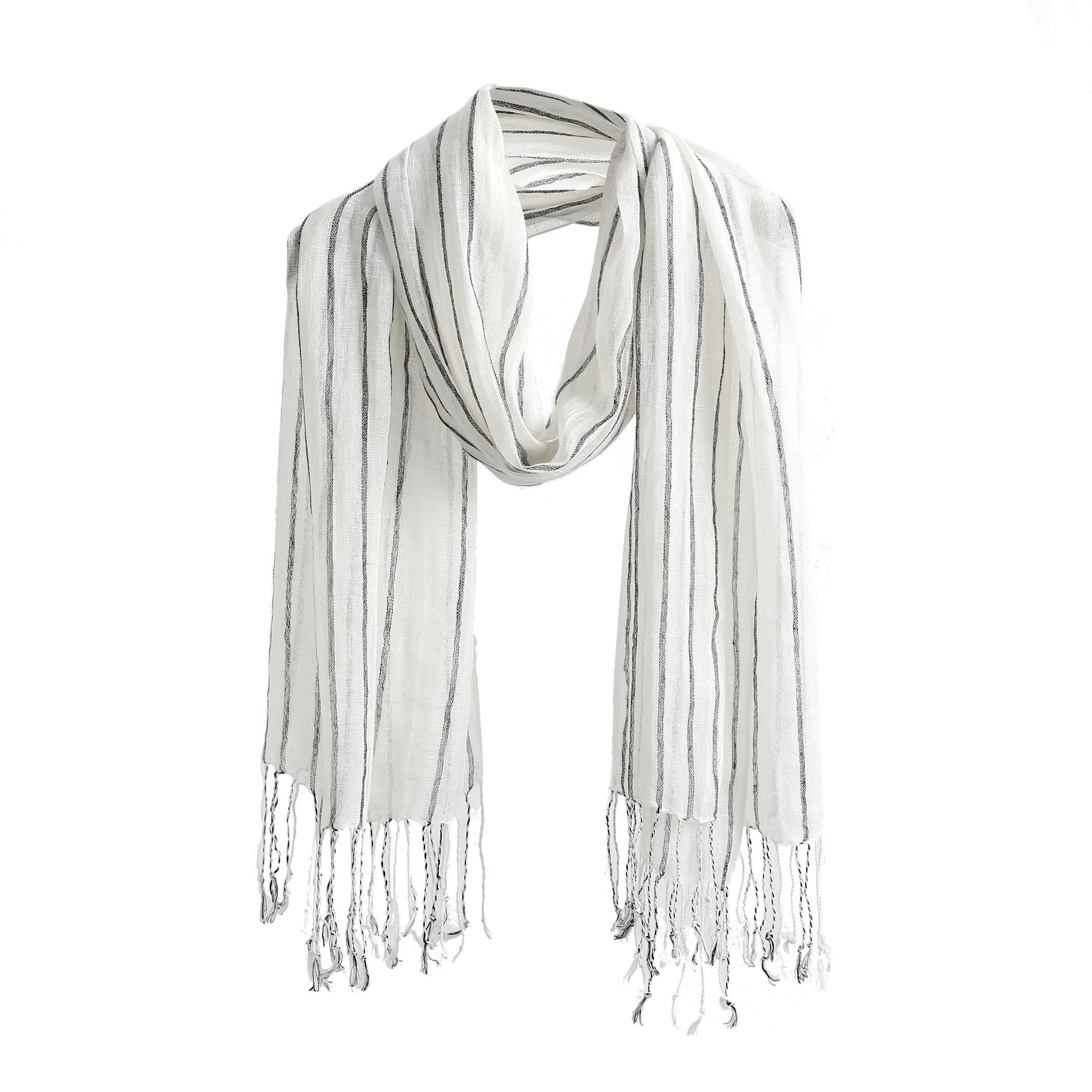 Jeelow 100% Linen Lightweight Striped Light Scarf Shawl Wrap For Men & Women (White Linen Black Stripes)