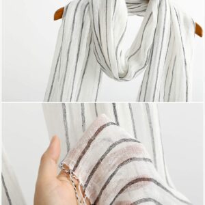 Jeelow 100% Linen Lightweight Striped Light Scarf Shawl Wrap For Men & Women (White Linen Black Stripes)