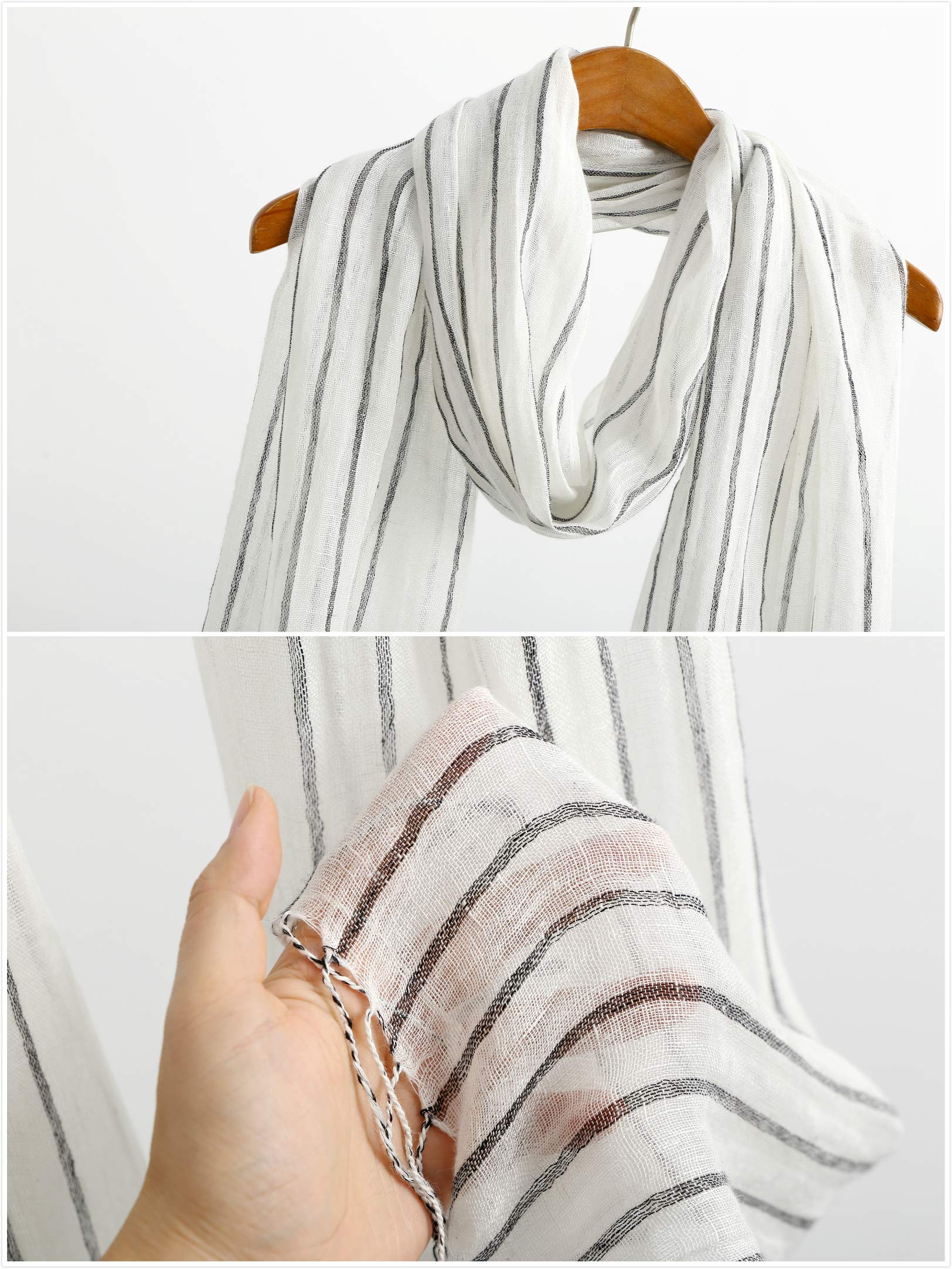 Jeelow 100% Linen Lightweight Striped Light Scarf Shawl Wrap For Men & Women (White Linen Black Stripes)