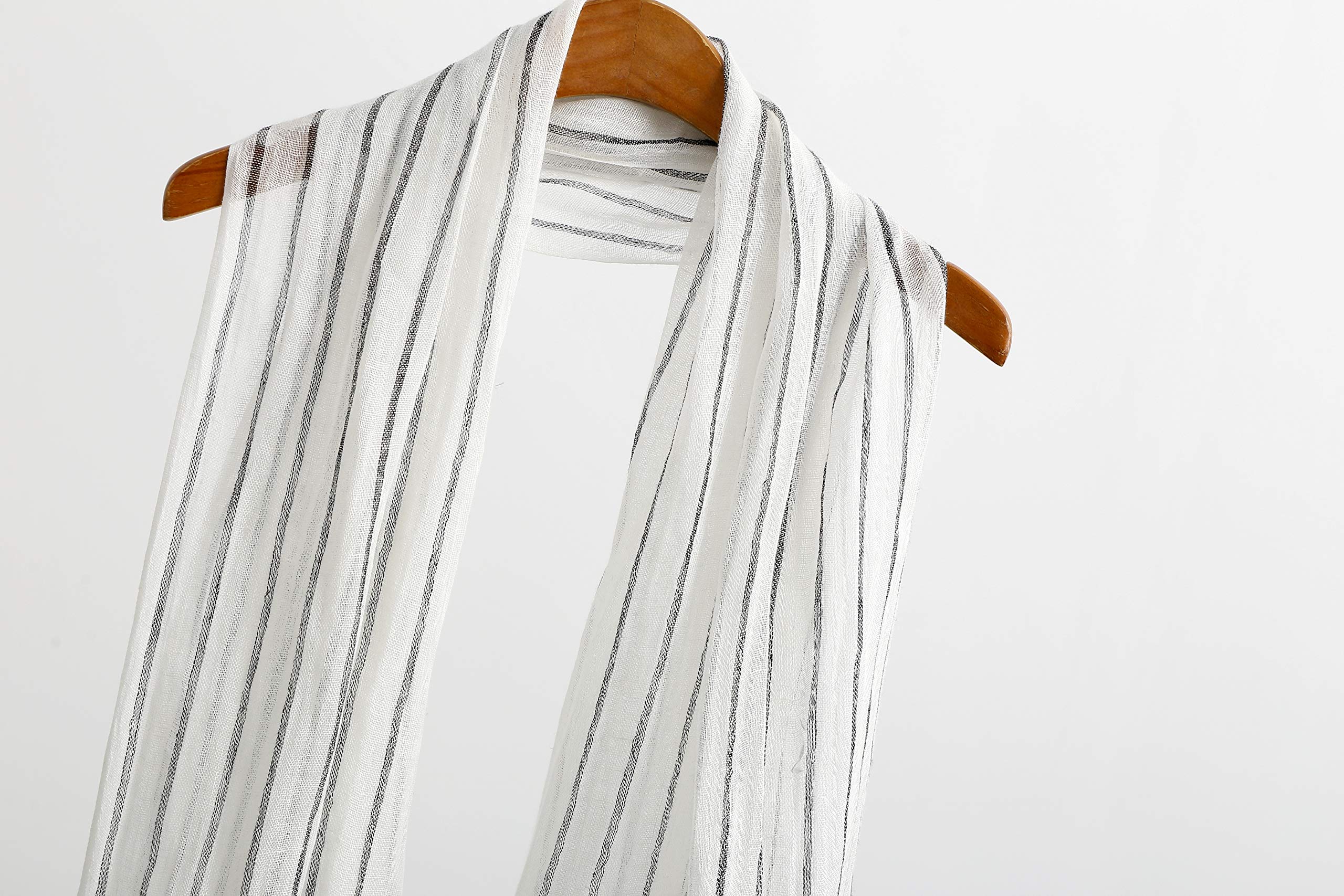 Jeelow 100% Linen Lightweight Striped Light Scarf Shawl Wrap For Men & Women (White Linen Black Stripes)