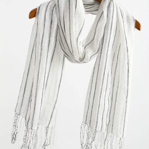 Jeelow 100% Linen Lightweight Striped Light Scarf Shawl Wrap For Men & Women (White Linen Black Stripes)