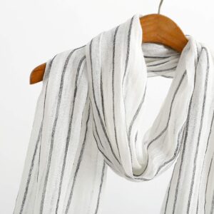 Jeelow 100% Linen Lightweight Striped Light Scarf Shawl Wrap For Men & Women (White Linen Black Stripes)