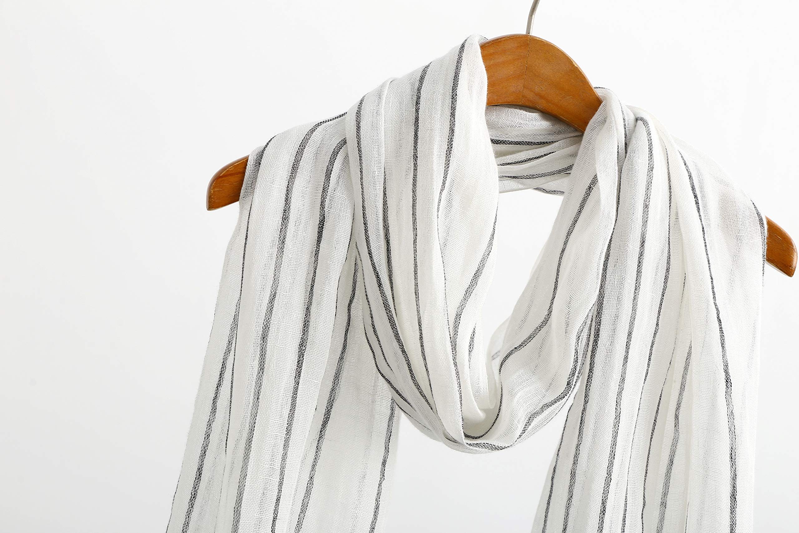 Jeelow 100% Linen Lightweight Striped Light Scarf Shawl Wrap For Men & Women (White Linen Black Stripes)