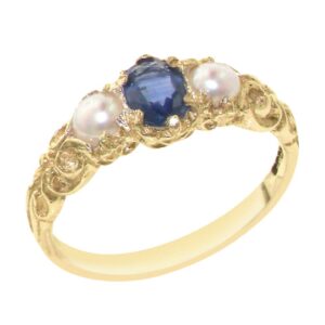 letsbuygold 14k yellow gold real genuine sapphire and cultured pearl womens anniversary ring - size 8