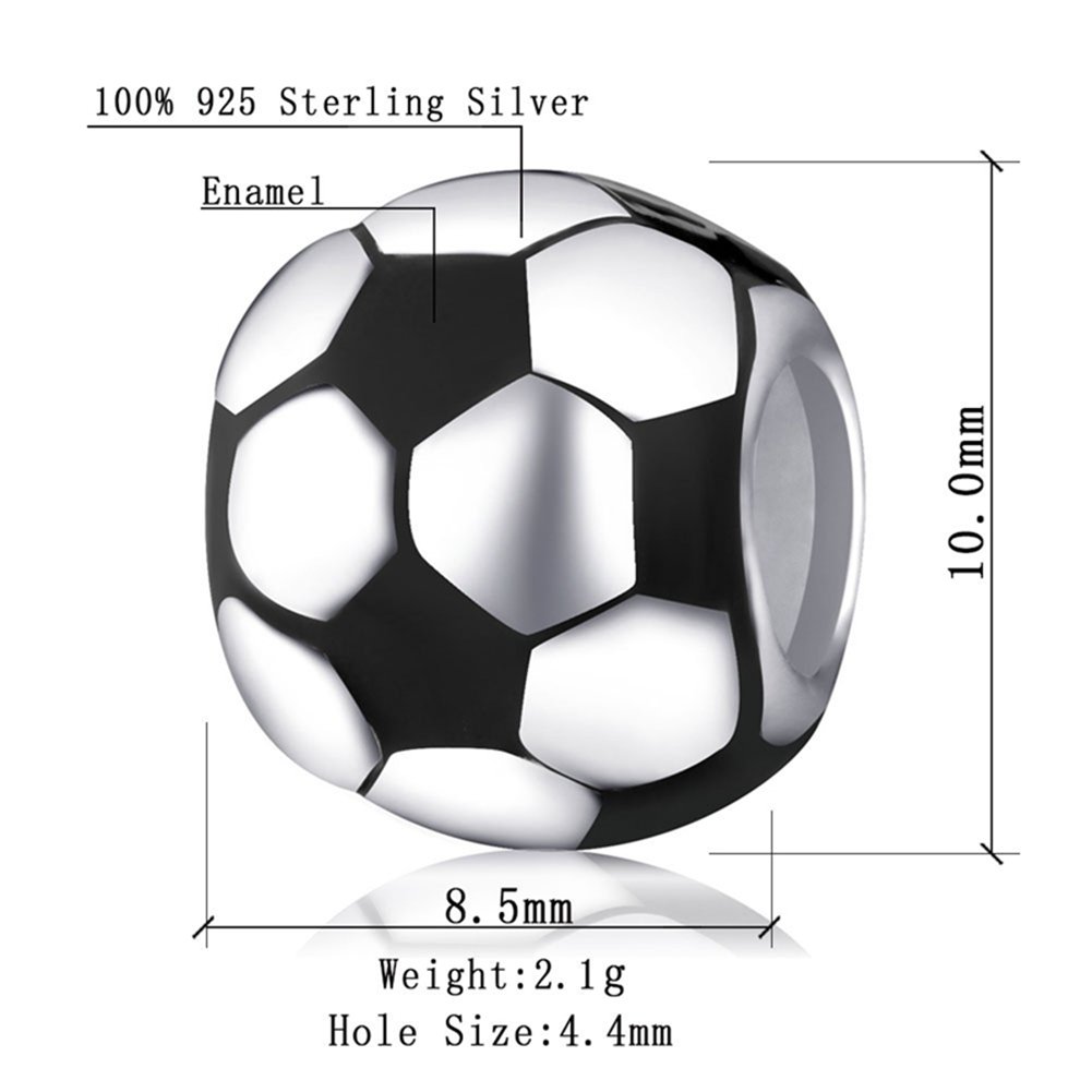 Choruslove Football Charm 925 Sterling Silver Soccer Ball Charm with Black White Enamel Bead for Sport Lover Charm Bracelet