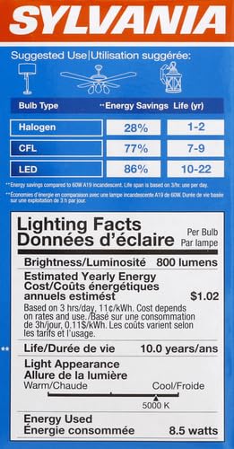 SYLVANIA LED A19 Light Bulb, 60W Equivalent, Efficient 8.5W, Frosted, 5000K, Daylight - (79284), 4 Count (Pack of 1)