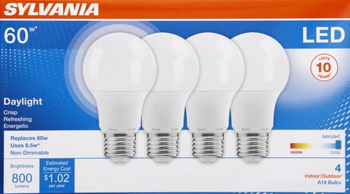 SYLVANIA LED A19 Light Bulb, 60W Equivalent, Efficient 8.5W, Frosted, 5000K, Daylight - (79284), 4 Count (Pack of 1)