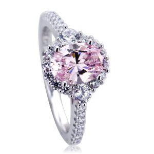 platinum plated sterling silver ring 1.2 ct oval super light pink cz stone halo ladies cocktail ring (size 5 to 9), 7